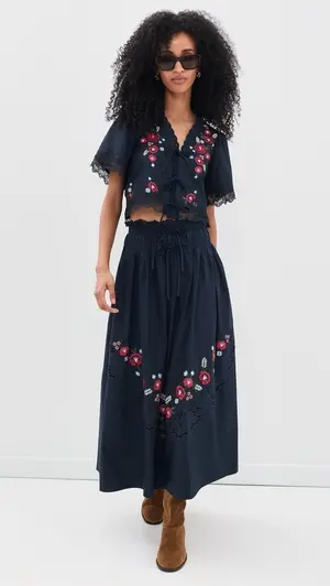 Moon River Embroidered Floral Elasticated Midi Skirt