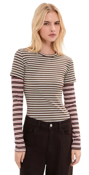 STATE & LAKE Eli Double Layer Tee - Powder/red Stripe