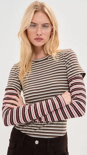 STATE & LAKE Eli Double Layer Tee - Powder/red Stripe