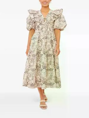Sea Calla Cheetah-print Puff-sleeve Midi Dress