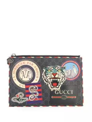 Gucci Night Courrier Pouch Gg Coated Canvas With Applique Clutch Bag - Black
