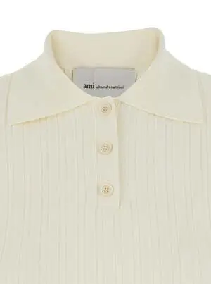 AMI Paris White Polo Shirt With Ribbed Knit In Viscose Blend For - Multicolor