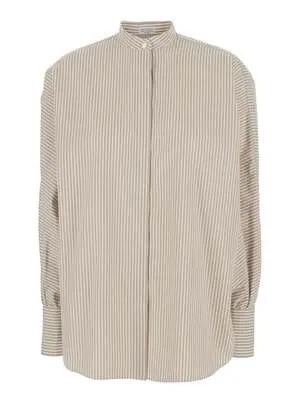 Brunello Cucinelli Beige Shirt With Button Collar And All-over Striped Motif In Cotton For - Multicolor