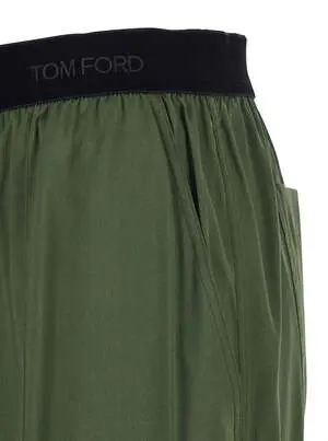 TOM FORD Elastic Waist Pants With Logo Lettering In Stretch Silk - Green