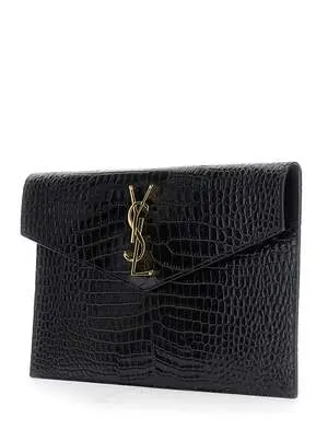 Saint Laurent Clutch 'logo' With Logo Plate On The Front In Black Leather For - Multicolor