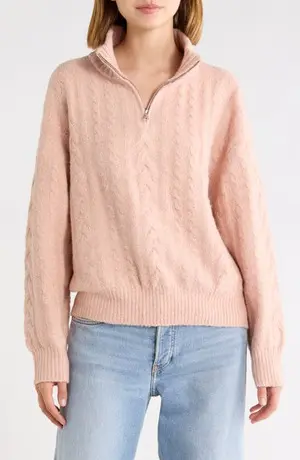 WAYF West Half Zip Cable Knit Sweater - Blush