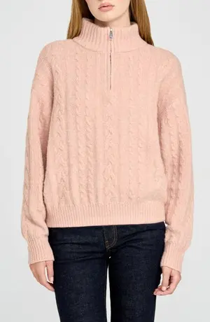 WAYF West Half Zip Cable Knit Sweater - Blush