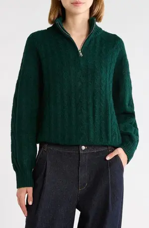 WAYF West Half Zip Cable Knit Sweater - Pine Green