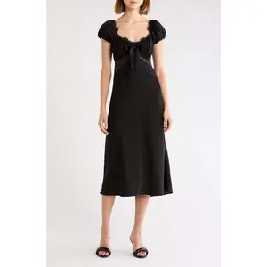 WAYF Mira Lace Trim Puff Sleeve Dress - Black