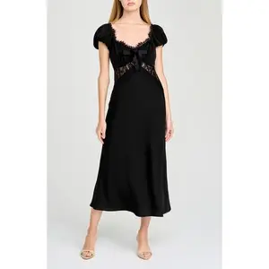 WAYF Mira Lace Trim Puff Sleeve Dress - Black
