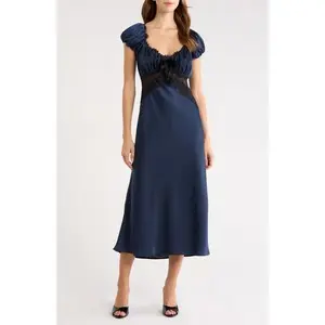 WAYF Mira Lace Trim Puff Sleeve Dress - Navy