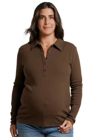 NOM MATERNITY Paige Polo Maternity & Nursing Ribbed Tee - Chocolate