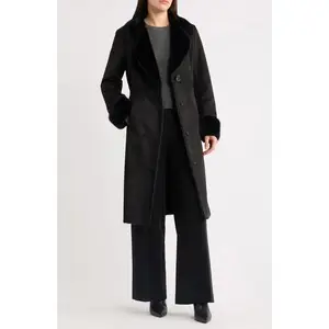 Via Spiga Faux Fur Trim Faux Shearling Maxi Coat