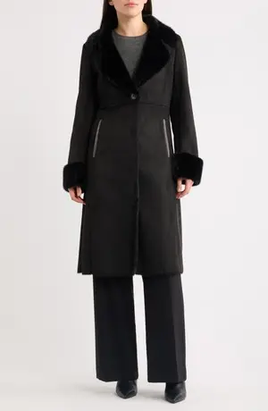 Via Spiga Faux Fur Trim Faux Shearling Maxi Coat