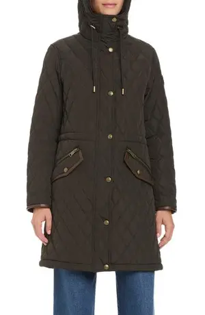 Vince Camuto Diamond Quilted Hooded Coat - Dark Olive