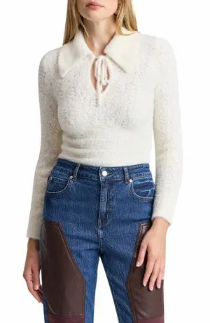 Avec Les Filles Mixed Pointelle Sweater With Fuzzy Collar - Ivory