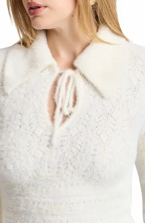 Avec Les Filles Mixed Pointelle Sweater With Fuzzy Collar - Ivory