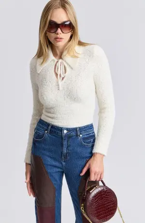 Avec Les Filles Mixed Pointelle Sweater With Fuzzy Collar - Ivory