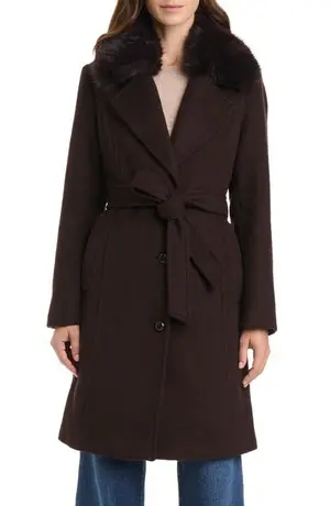 Vince Camuto Faux Fur Collar Belted Wool Blend Coat - Chocolate