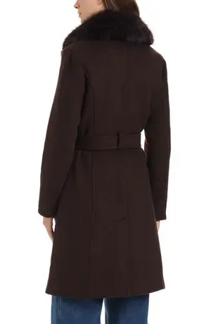 Vince Camuto Faux Fur Collar Belted Wool Blend Coat - Chocolate