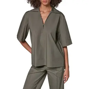 Donna Karan New York Embroidered Poplin Short Sleeve Top Sage