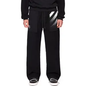 L/AB C/O OFF-WHITE Reverse Knit Wide Leg Sweatpants - Black