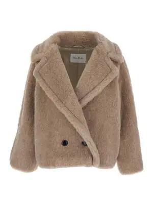 Max Mara Cambusa' Beige Jacket Double-breasted With Notched Revers Wide In Fur - Multicolor