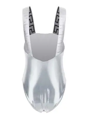 Versace One-piece Swimsuit With Greca Detail On The Straps In Stretch Tech Fabric For - Silver