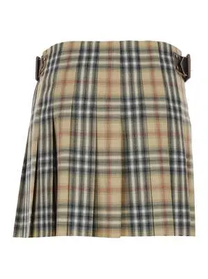 Burberry Beige Skirt With Adjustable Belt And All-over Check Motif In Wool For - Multicolor