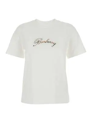 Burberry White Crew Neck T-shirt With Logo Lettering On The Front In Cotton For - Multicolor