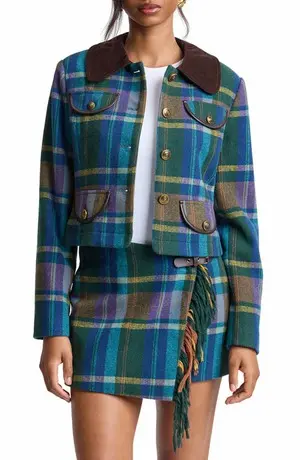 Avec Les Filles Plaid Jacket With Faux Leather Trim - Green Multi