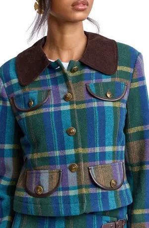 Avec Les Filles Plaid Jacket With Faux Leather Trim