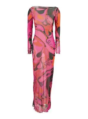 Emilio Pucci Fuchsia Long Dress With Round Neckline And All-over Orchidea Print In Tech Fabric For - Multicolor