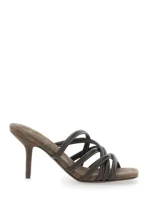 Brunello Cucinelli Brown Mules With Heel And Square Toe And Contrasting Stitching In Suede - Multicolor