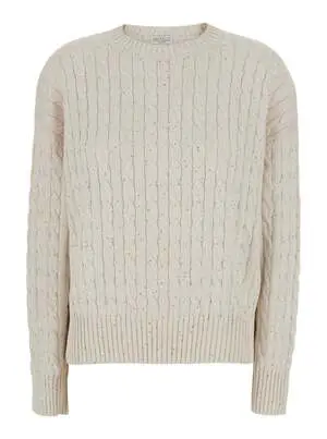 Brunello Cucinelli White Sweater With Cable Knit And Ribbed Finishes In Cotton Blend For - Multicolor