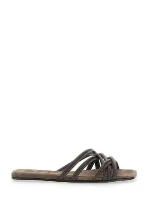 Brunello Cucinelli Brown Flat Sandals With Square Toe And Contrast Stitching In Suede For - Multicolor