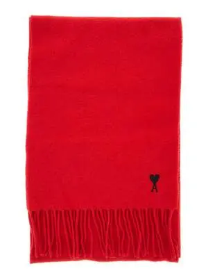 AMI Paris Wool Scarf With De Coeur Embroidery Red - Multicolor