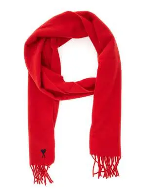 AMI Paris Red Scarf With Fringed Edge And Adc Embroidery On The Front In Wool For - Multicolor