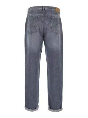 Brunello Cucinelli Grey Jeans With Cuffs And Logo Patch On The Back In Denim For - Multicolor