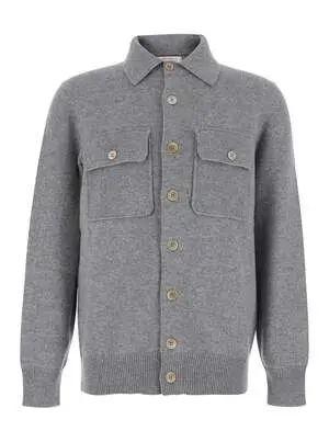 Brunello Cucinelli Grey Cardigan With Classic Collar And Patch Pockets On The Front In Cashmere For - Multicolor