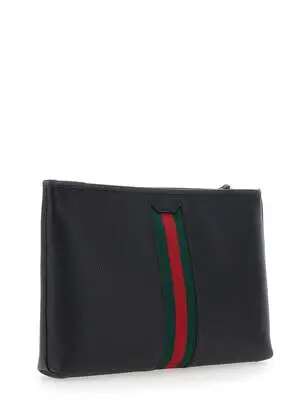 Gucci Black Pouch With Wrist Strap And Web Detail In Leather For