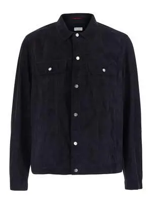 Brunello Cucinelli Blue Jacket With Classic Collar And Front Pockets In Suede For - Multicolor
