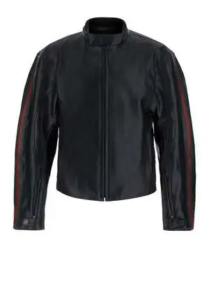 Gucci Black Jacket With High Collar And Web Stripe On The Sleeves In Leather For - Multicolor