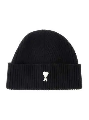 AMI Paris Beanie With Contrast De Coeur In Black Wool - Multicolor