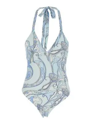 Emilio Pucci Light Blue Swimsuit With Halterneck Tie Closure And All-over Orchidea Print In Stretch Tech Fabric For - Multicolor
