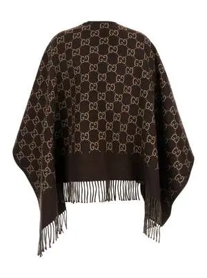 Gucci Cape With Fringes And Gg All-over Motif In Brown Wool For - Multicolor