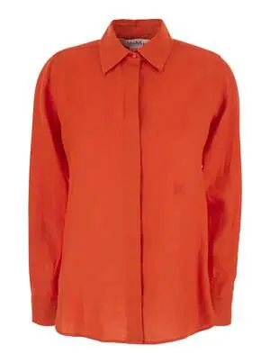 Max Mara Shirt With Classic Collar And Tone-on-tone Logo Embroidery In Linen For - Red