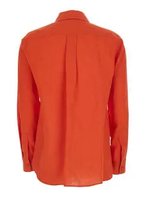 Max Mara Shirt With Classic Collar And Tone-on-tone Logo Embroidery In Linen For - Red