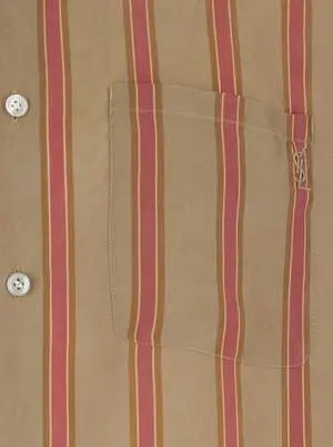 Saint Laurent Beige Shirt With Cassandre Embroidery On The Front And All-over Striped Motif In Cupro For - Multicolor