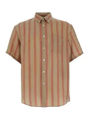 Saint Laurent Beige Shirt With Cassandre Embroidery On The Front And All-over Striped Motif In Cupro For - Multicolor